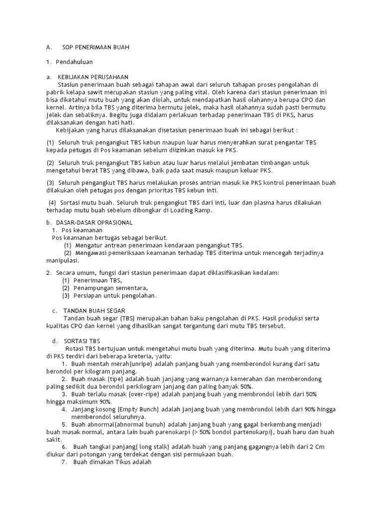 SOP Penerimaan Buah di PKS | PDF