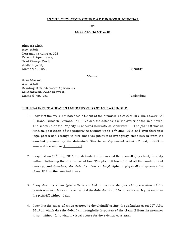 In The City Civil Court at Dindoshi, Mumbai IN SUIT NO. 43 OF 2015 ...