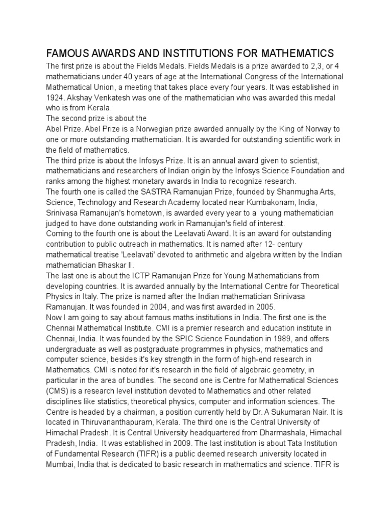 Famous Awards and Institutions for Mathematics | PDF | Mathematics ...