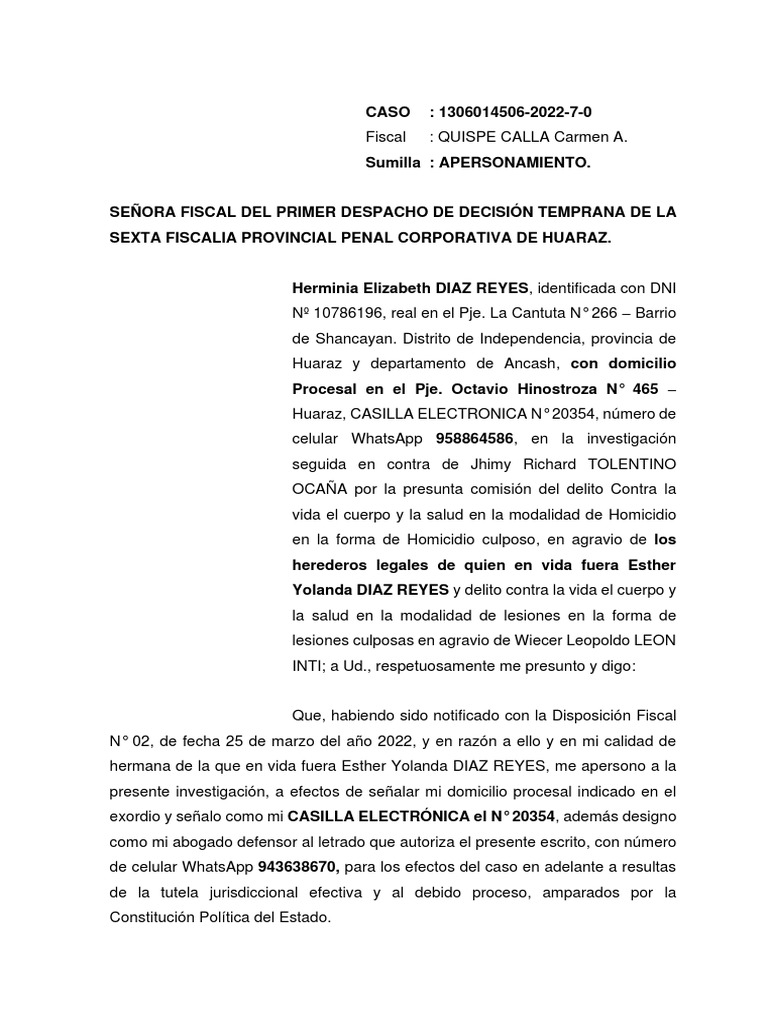 Apersonamiento Fiscal - Diaz Reyes Herminia Elizabeth | PDF | Ley común ... Apersonamiento Fiscal - Diaz Reyes Herminia Elizabeth | PDF | Ley común ...
