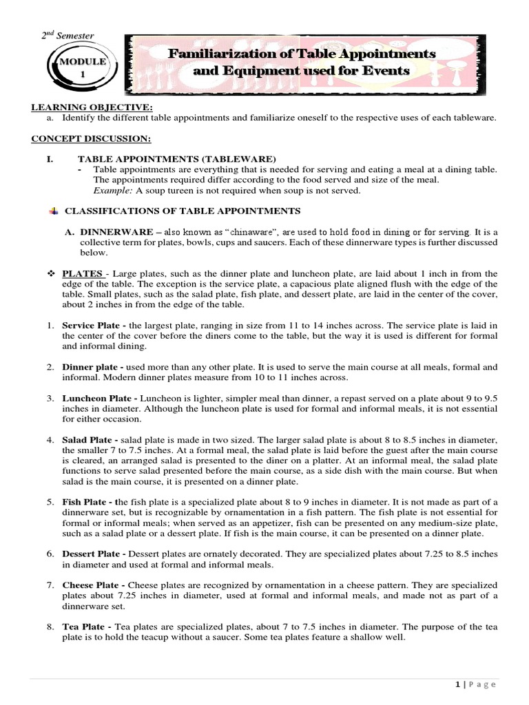 Module 1 (Table Appointment) | PDF | Tableware | Spoon
