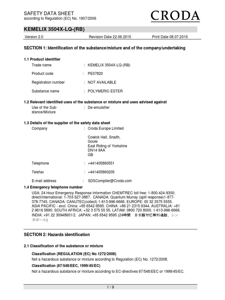 KEMELIX 3504X-LQ - (RB) : Safety Data Sheet | Download Free PDF | Toxicity | Water