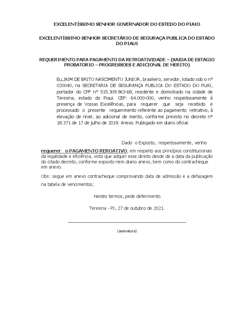 Requerimento para Pagamento Retroativo - Pedidos Diversos | PDF ...