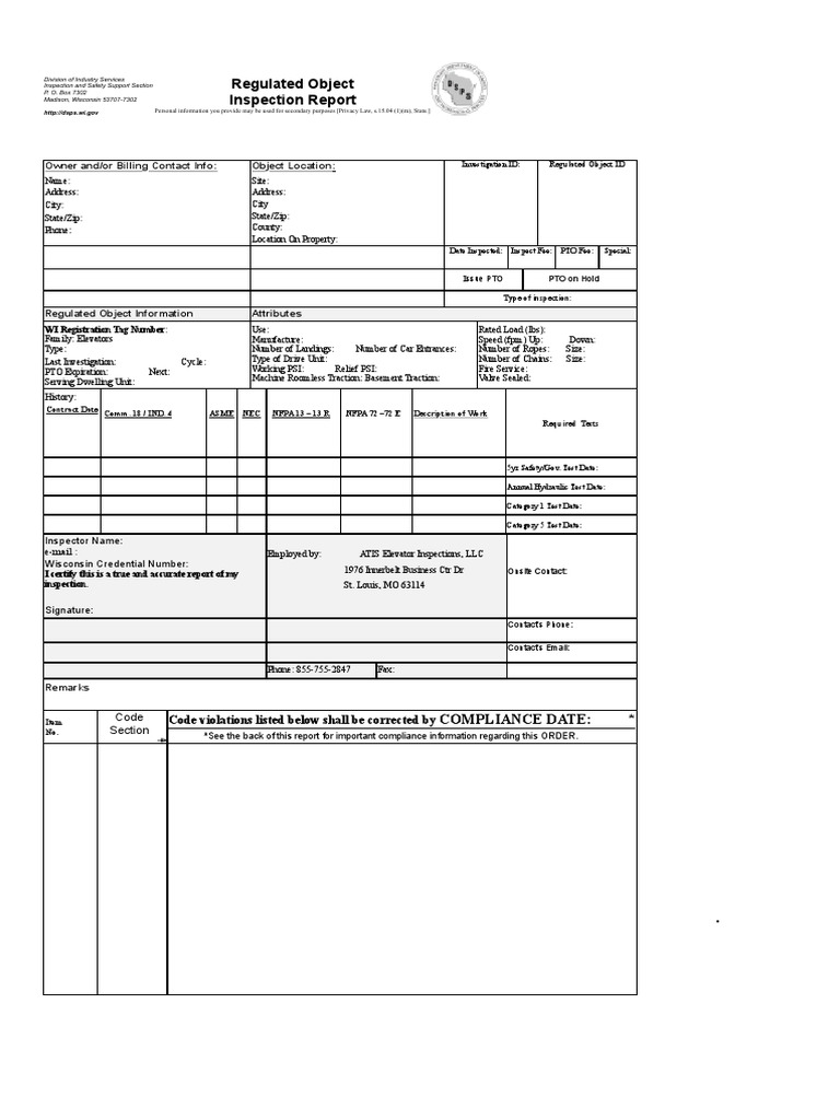 Wisconsin Elevator Inspection Report | PDF | Elevator | Regulatory ...