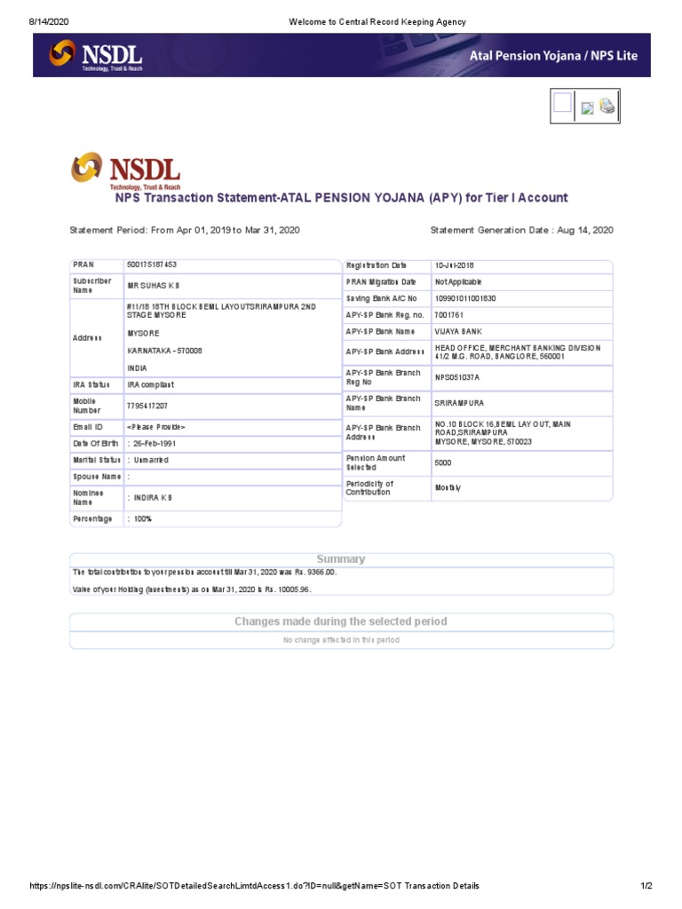 Account Statement 2019-2020 | PDF | Banks | Pension