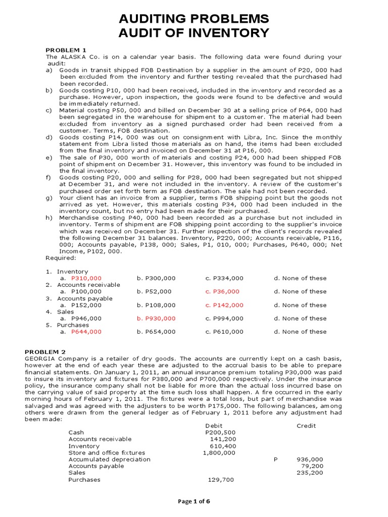 Auditing Problems Audit of Inventory: Problem 1 | PDF | Inventory ...