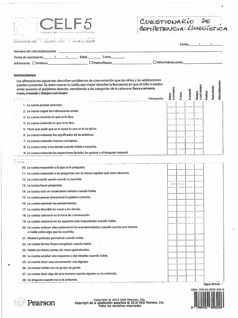 Hoja de Respuesta Celf 5 | PDF