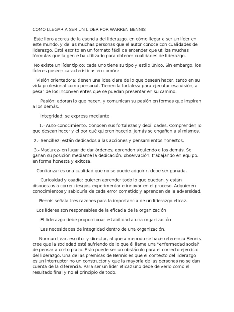 Claves del Liderazgo según Warren Bennis | PDF | Liderazgo | Hemisferio ...
