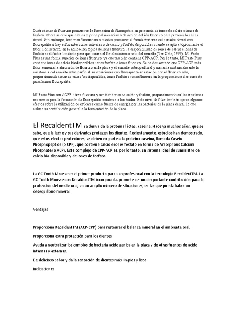 Recaldent Resumen | PDF | Fluoruro | Calcio