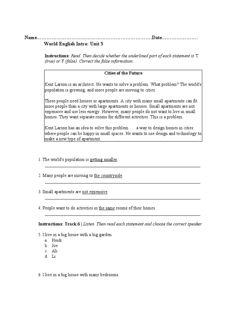 Name .Date . World English Intro: Unit 3 | PDF | Room | Bedroom