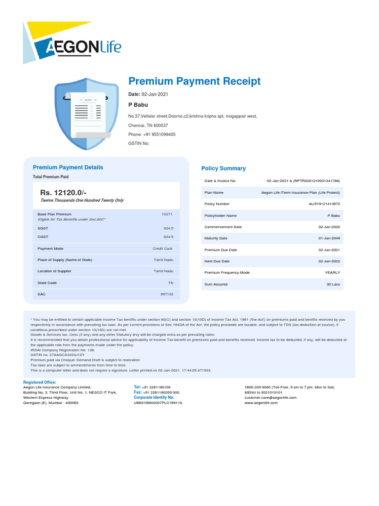 Premium Payment Receipt: P Babu | PDF | Insurance | Taxes