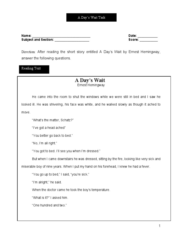 A Days Wait by Ernest Hemingway TASK | PDF