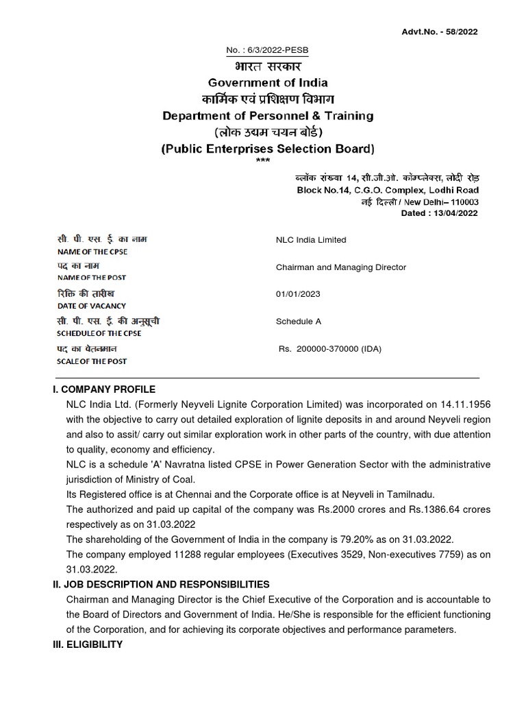 No.: 6/3/2022-PESB: I. Company Profile | PDF | Employment | Government