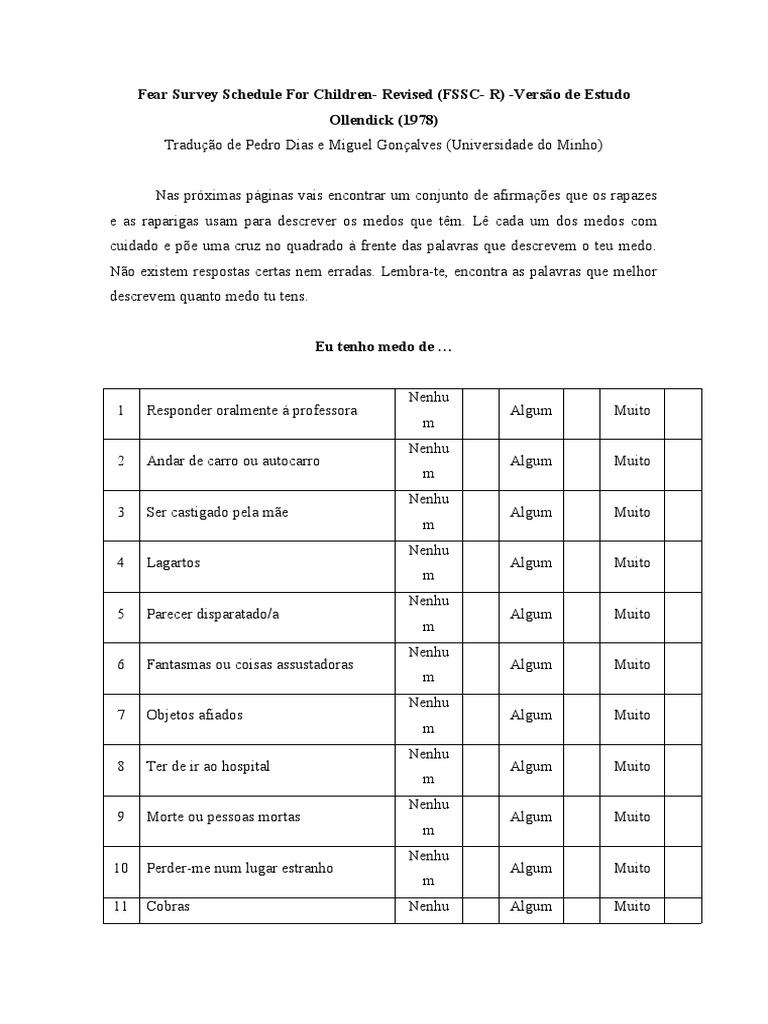Fear Survey Schedule For Children Revised | PDF