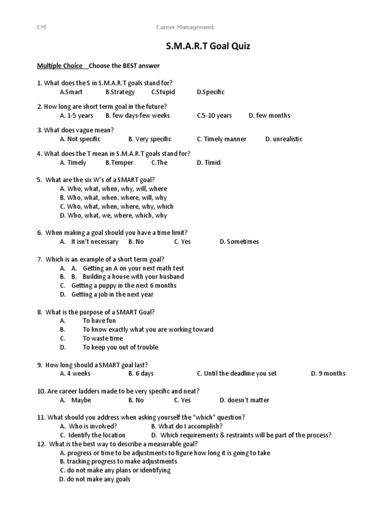 S.M.A.R.T Goal Quiz and Guidelines | PDF | Goal | Cognition