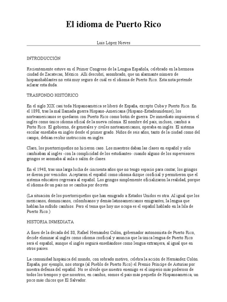 Idioma Oficial de Puerto Rico: Español | PDF | Puerto Rico | España
