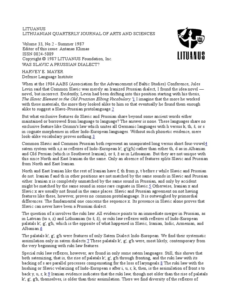 Mayer Was Slavic A Prussian Dialect | PDF | Phonetics | Languages
