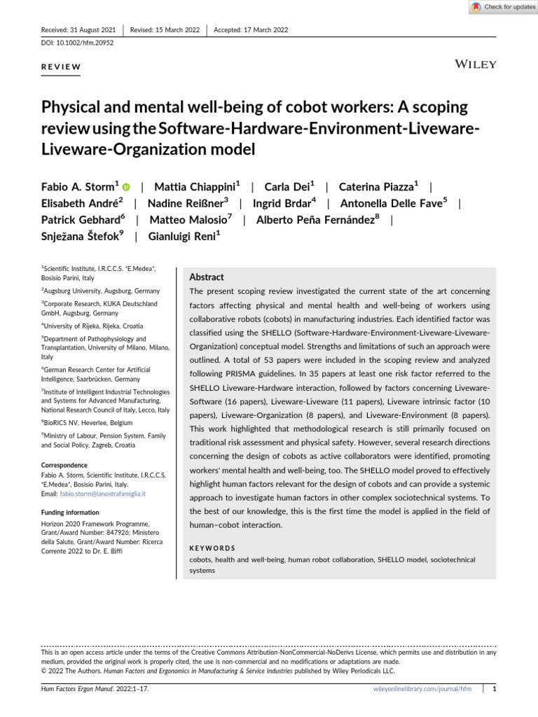Physical and Mental Well Being of Cobot Workers: A Scoping Review Using ...