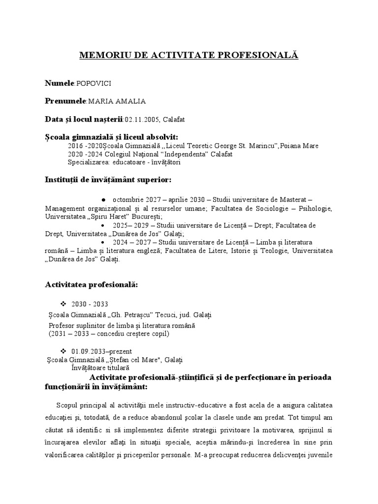 Memoriu de Activitate Profesională 1 | PDF