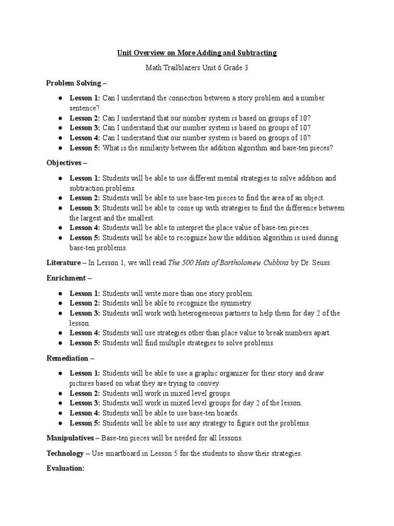 Math Trailblazers Unit 6 Grade 3 | PDF | Worksheet