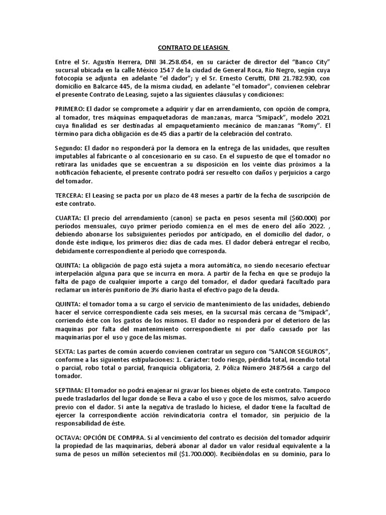 Contrato de Leasing | PDF | Arrendamiento