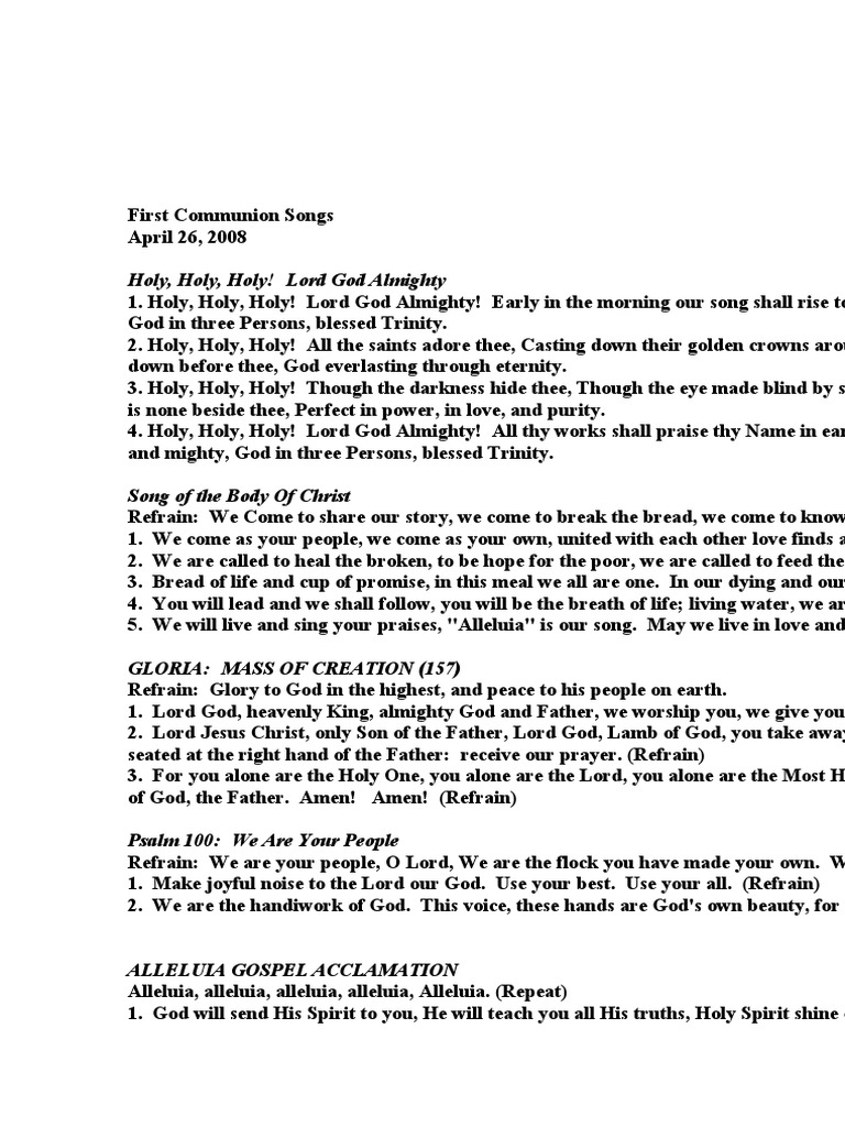 First Communion Songs and Hymns | PDF | Eucharist | Christian ...