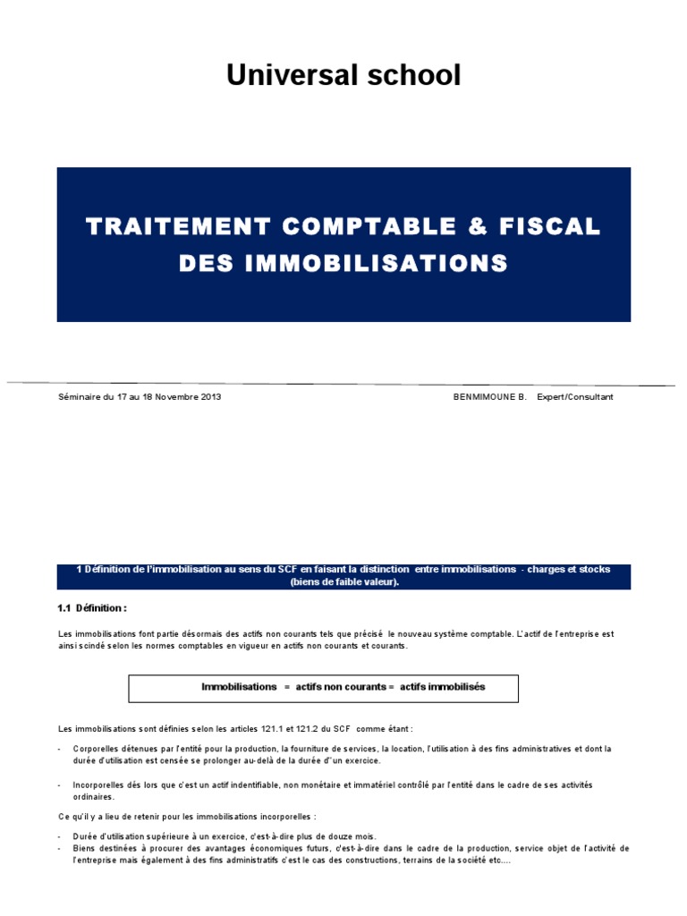 Traitement Comptable Et Fiscal Des Immobilisations en SCF | PDF | Dépréciation | Comptabilité