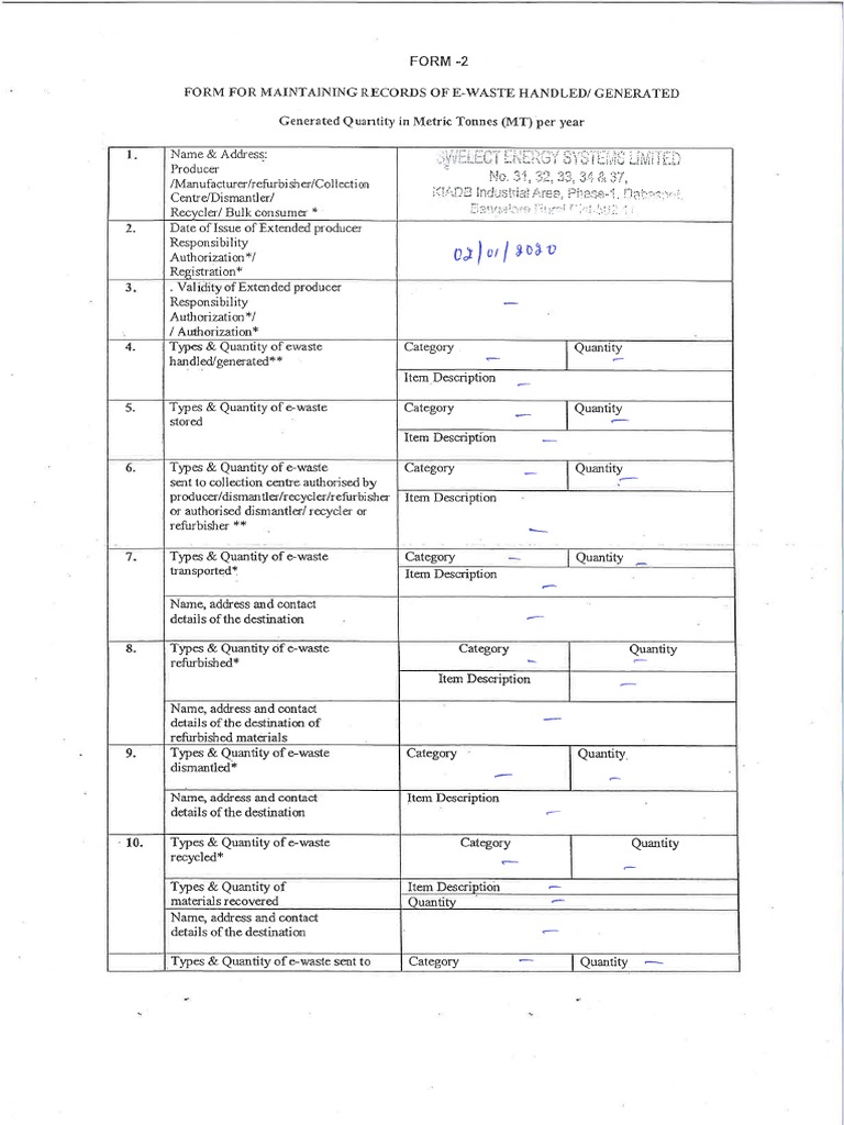 E Waste - Form-2, Certificate, Form-6 | PDF