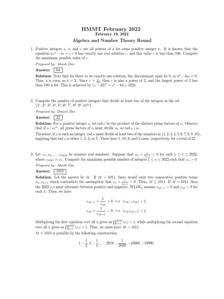 HMMT February 2022: Algebra and Number Theory Round | PDF | Prime Number | Numbers