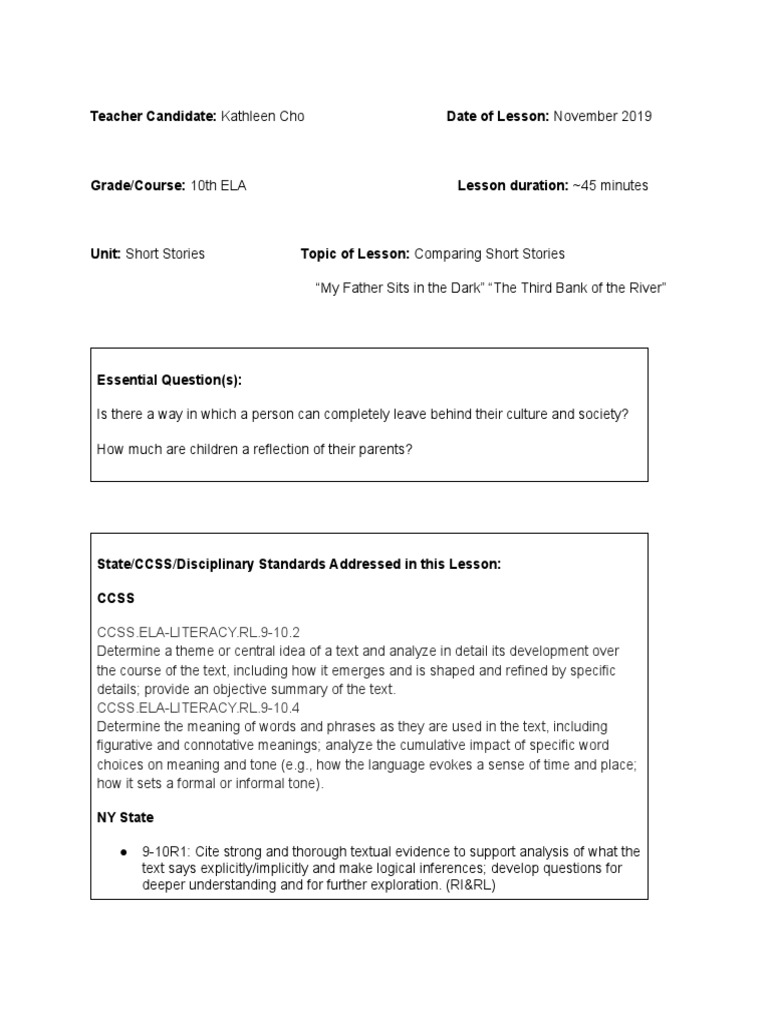 Comparing Short Stories Lesson Plan | PDF | Cognition | Cognitive Science