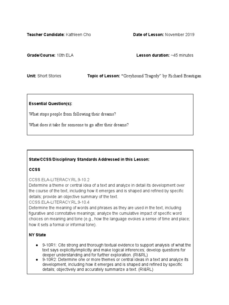 Greyhound Tragedy Lesson Plan | PDF | Individualized Education Program ...