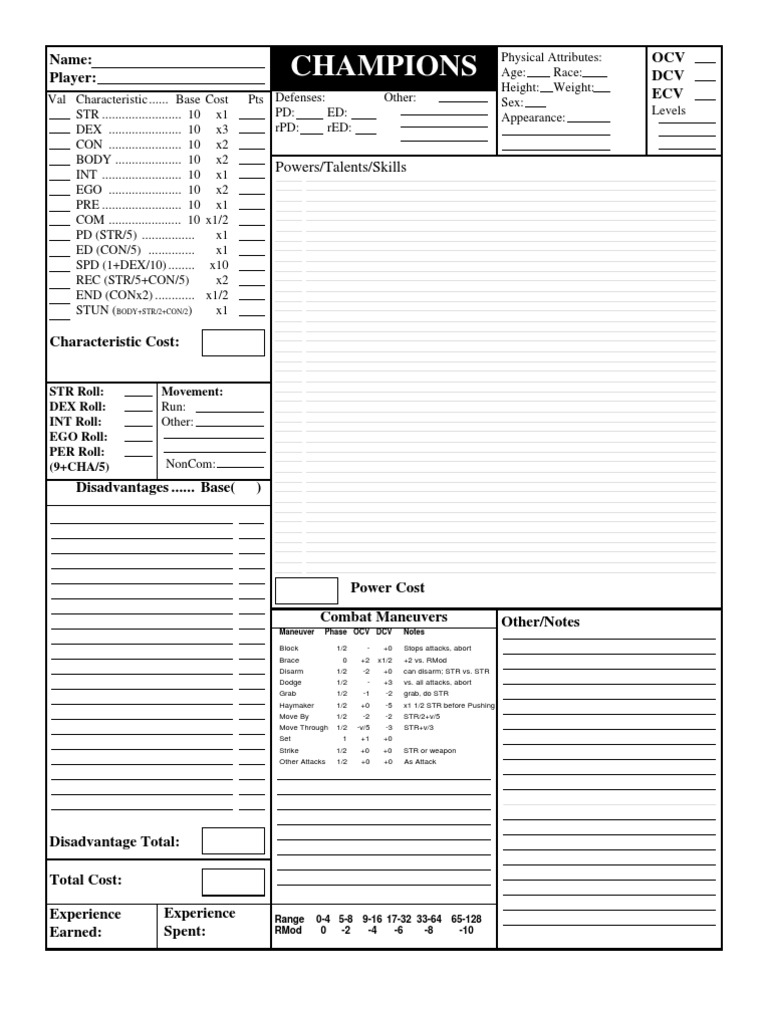 Champions RPG Character Sheet Template | PDF | Leisure Activities ...