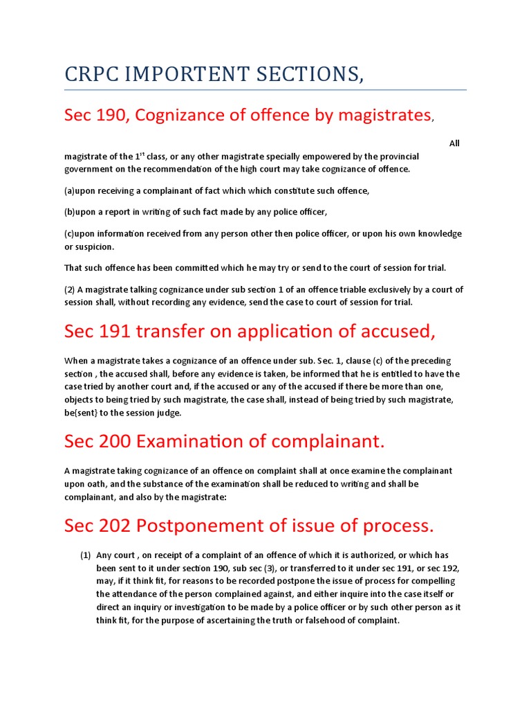 CRPC Importent Sections | PDF | Crime & Violence | Criminal Justice