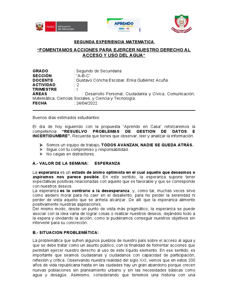 Actividad 2 Segundo De Secundaria Vi Ciclo Pdf Agua Estadísticas