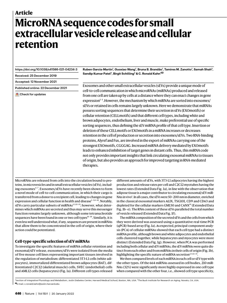 Microrna Sequence Codes For Small Extracellular Vesicle Release and ...