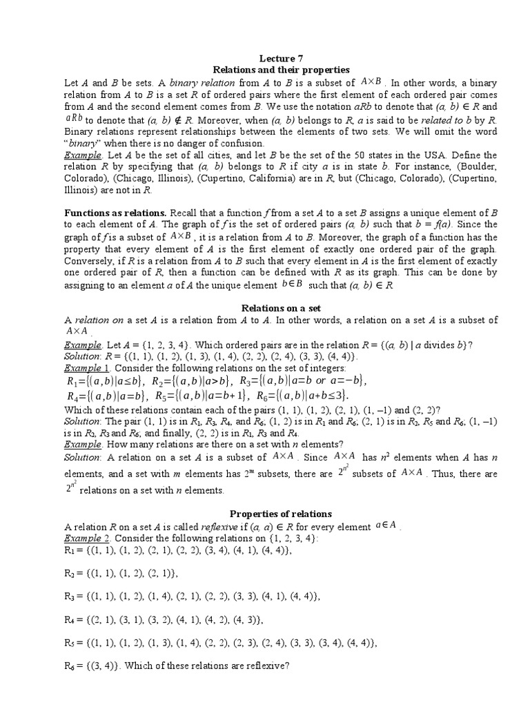 Relations and Their Properties: ( (A, B) - A B or A B), ( (A, B) - A b+ ...