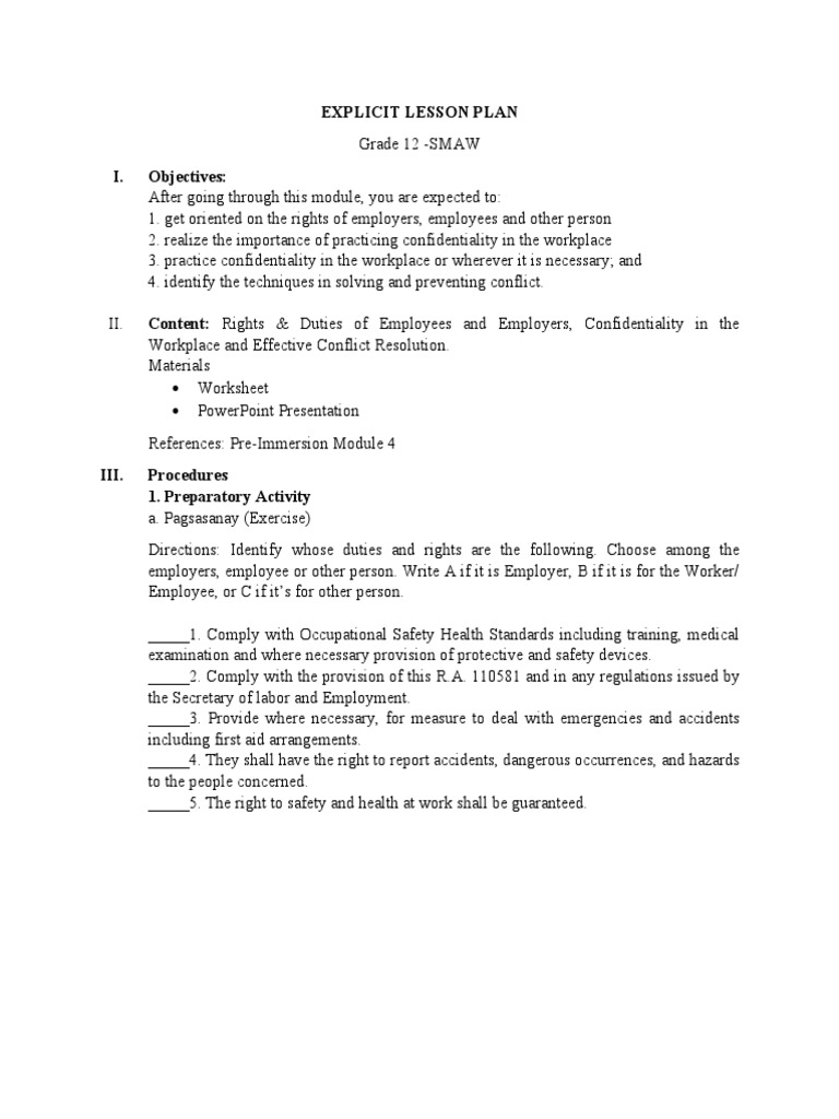 Explicit Lesson Plan | PDF | Occupational Safety And Health | Employment