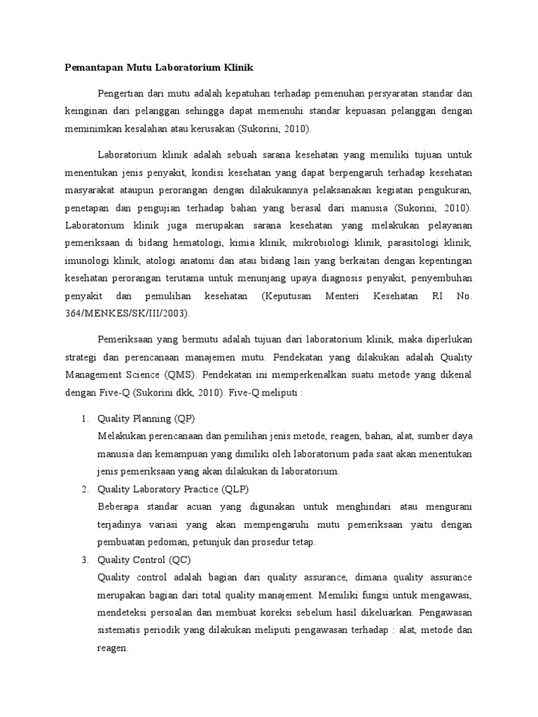 Pemantapan Mutu Laboratorium Klinik | PDF