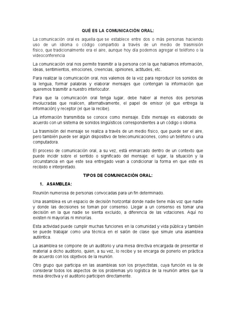 Definición y Tipos de Comunicación Oral | PDF | Comunicación | Habla