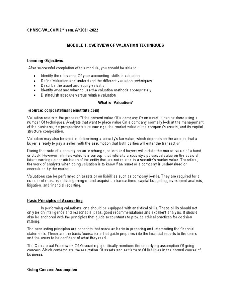 Chmsc-Valcom 2 Sem. AY2021-2022 Module 1. Overview of Valuation Techniques Learning Objectives ...