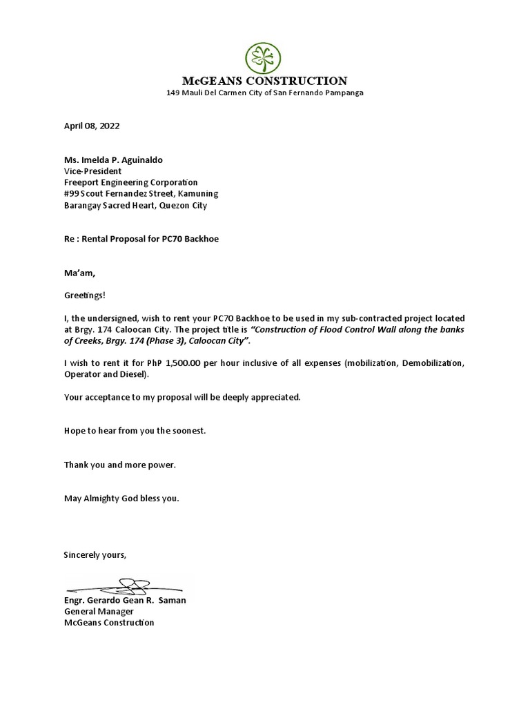 Proposal Letter For Backhoe Rental | PDF
