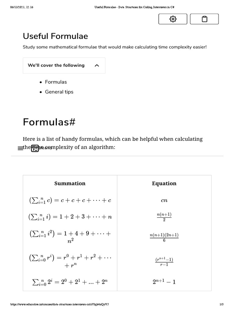 03 Useful Formulae - Data Structures For Coding Interviews in C# | PDF | Logarithm | Time Complexity
