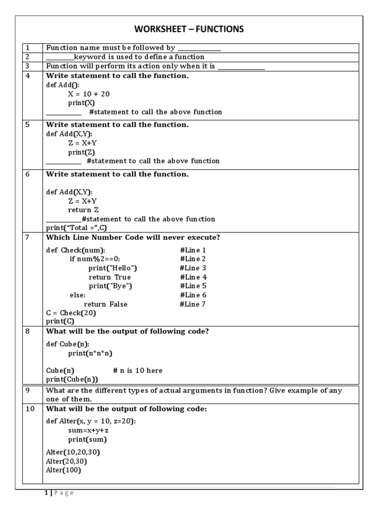 Function Worksheet | PDF | Subroutine | Parameter (Computer Programming)