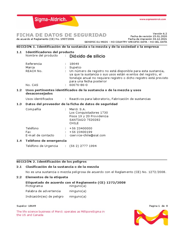 Ficha de Datos de Seguridad: Dióxido de Silicio | PDF | Toxicidad | Agua
