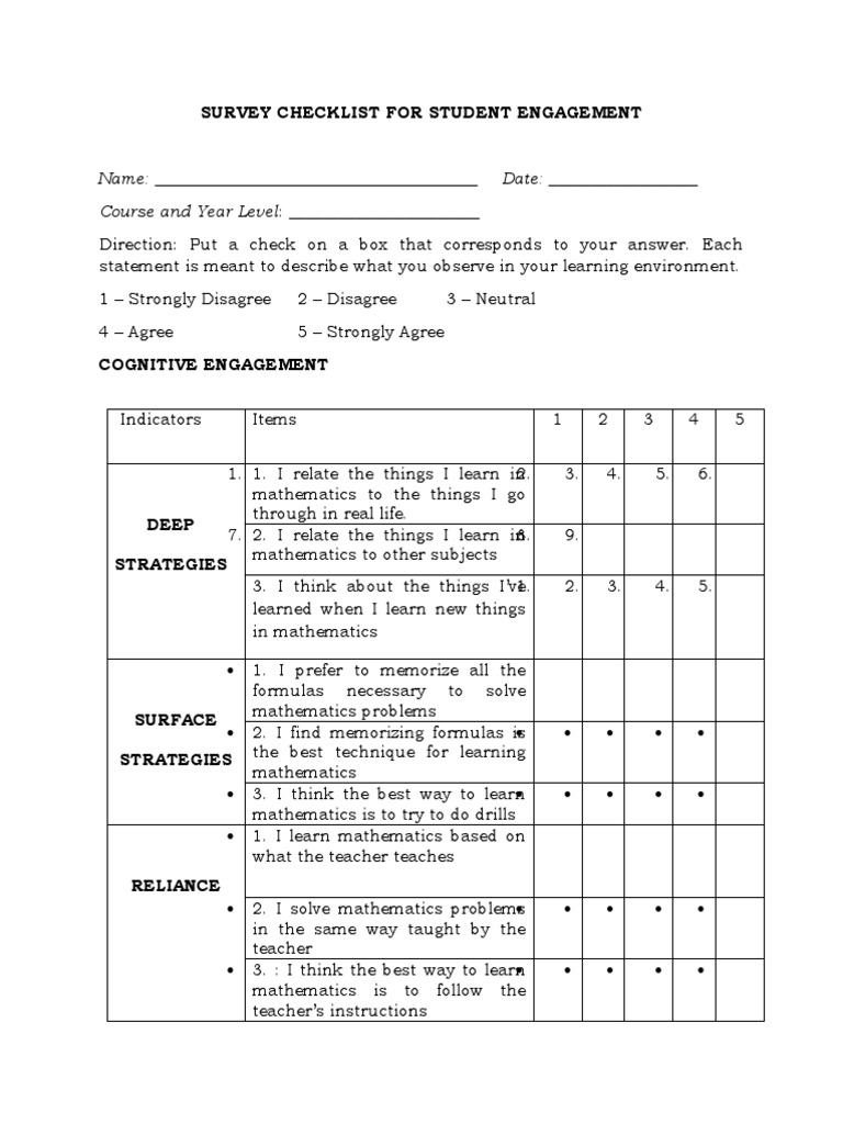 Survey Checklist For Student Engagement | PDF | Teachers | Learning