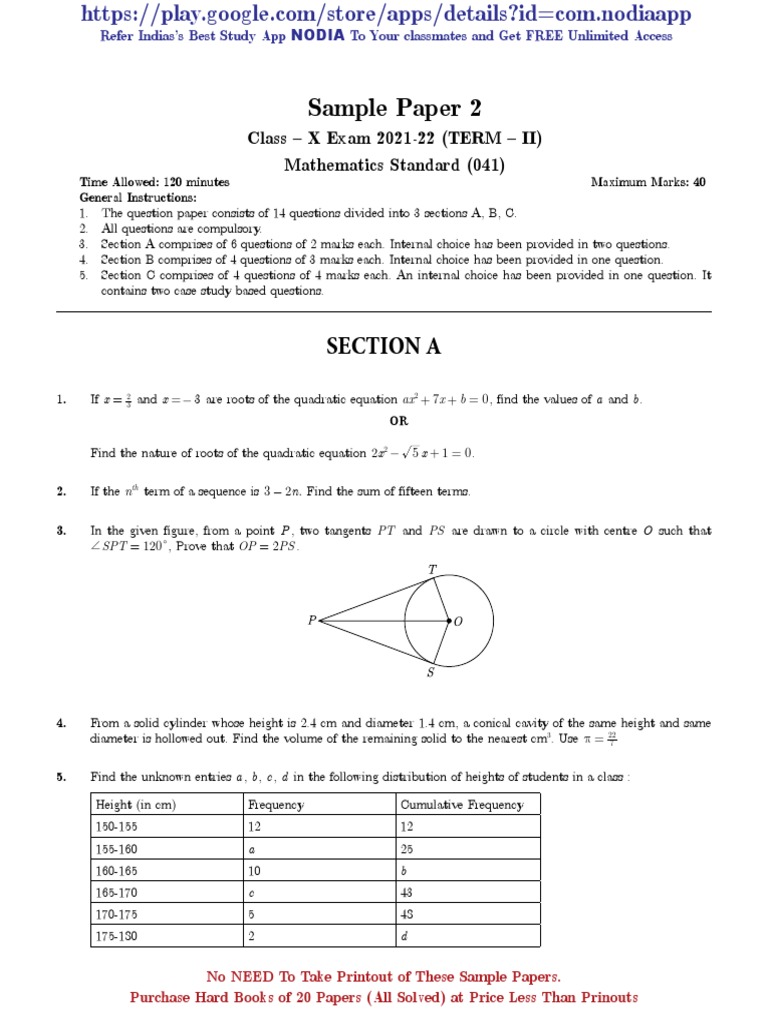 Sample Paper 2: Class - X Exam 2021-22 (TERM - II) Mathematics Standard ...