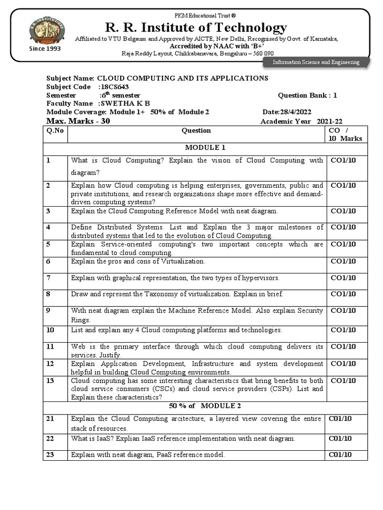 RRIT Question Bank 1 - CC - IA-1-2021-22 | PDF | Cloud Computing ...
