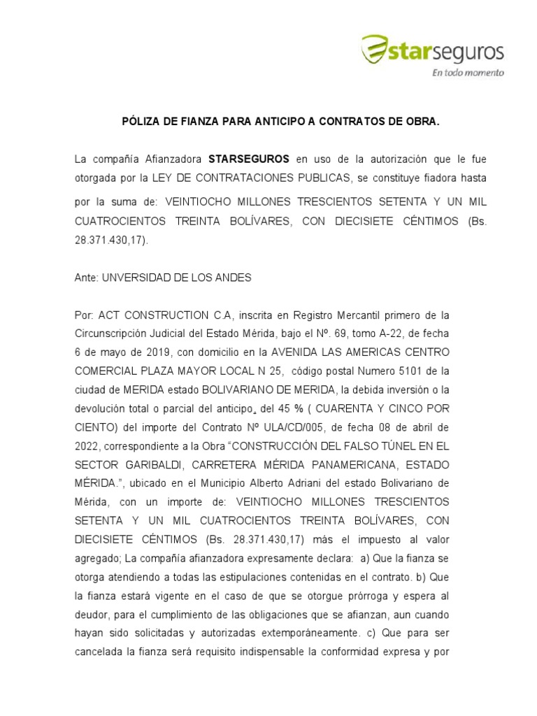 Fianza para Anticipo de Obra ULA | PDF | Gobierno