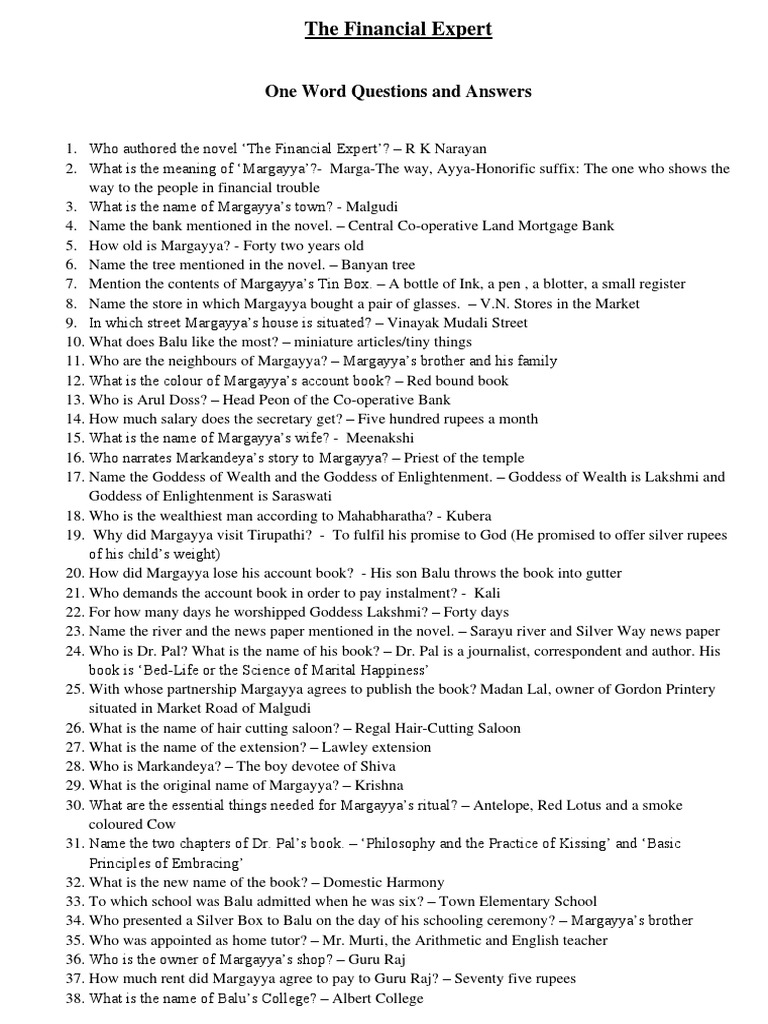 The Financial Expert: One Word Questions and Answers | Download Free ...