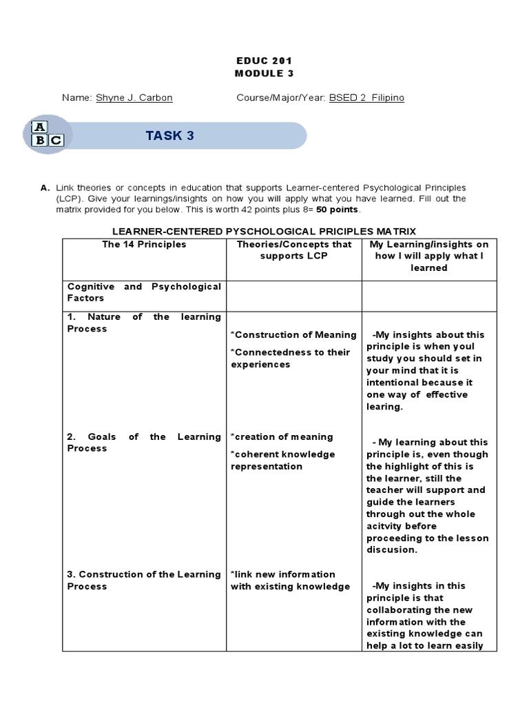 Task 3: EDUC 201 Name: Shyne J. Carbon Course/Major/Year: BSED 2 Filipino | Download Free PDF ...